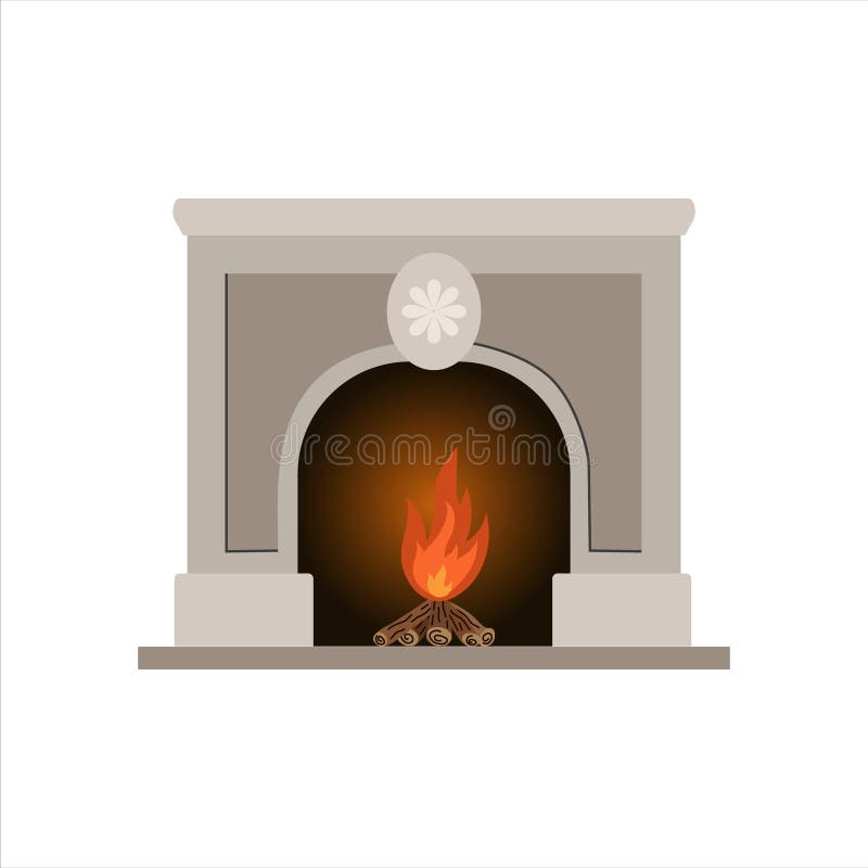 A Classic Fireplace with Niches, Decorative Rosette and a Fire Inside ...