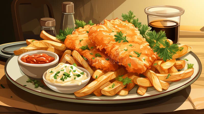 Classic Fish and Chips with a Crispy Coating Flat Illustration Stock ...