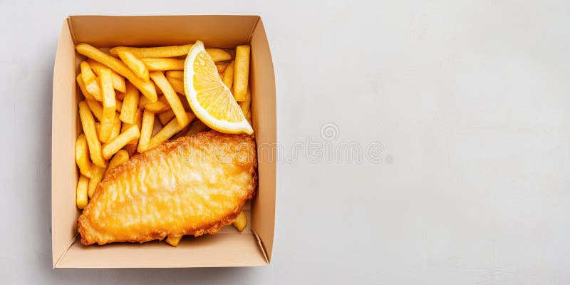 Classic Fish and Chips Served with Lemon Slice in Takeaway Box on White ...