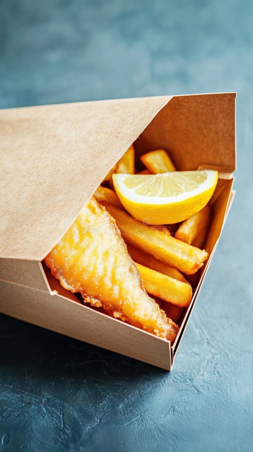 Classic Fish and Chips Served in Nostalgic Box with Lemon Slice Stock ...