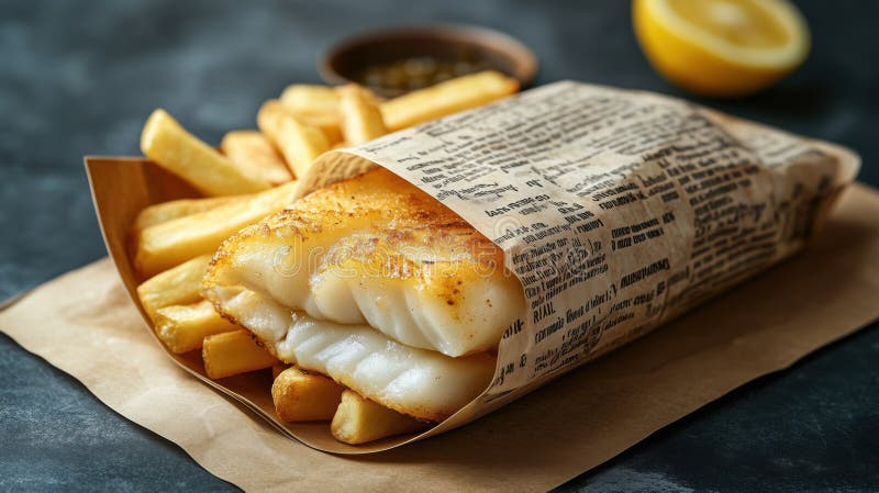 Classic Fish and Chips Wrapped in Nostalgic Newspaper, Served with ...