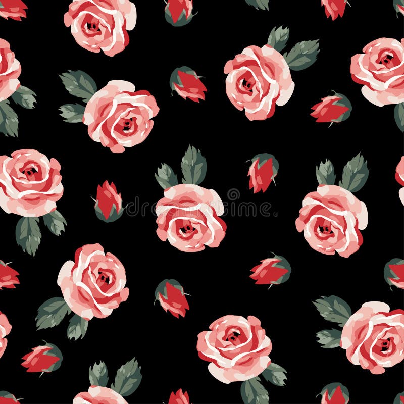 A Classic Floral Seamless Pattern Featuring Soft Pink Roses Scattered ...