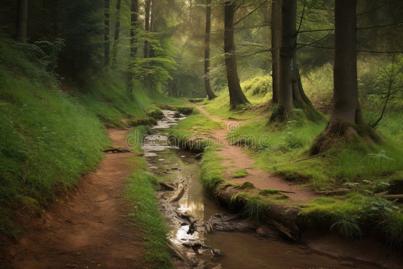 Classic Forest with Winding Path and Stream in the Foreground Stock ...