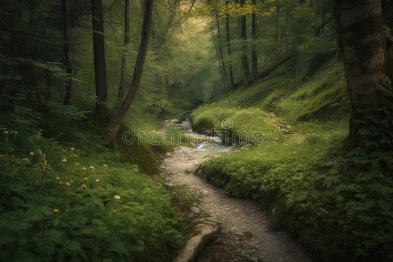 Forest with Winding Paths, Mossy Trees, and Hidden Waterfalls Stock ...