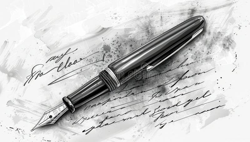 Elegant Fountain Pen Lying on Handwritten Notes with Ink Splotches in a ...