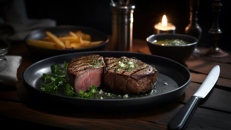 Classic French Grill Beef Steak on Plate Generative Ai Stock ...