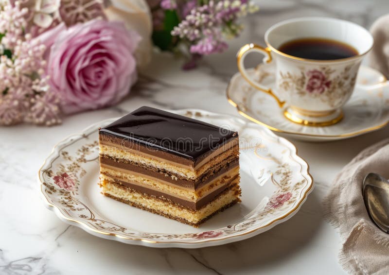 Classic French Opera Cake on a Plate with Cap of Tea Stock Illustration ...