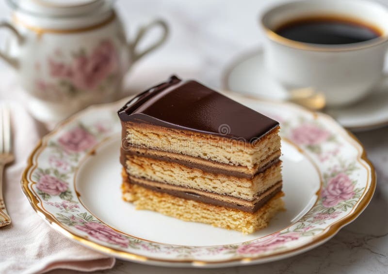 Classic French Opera Cake on a White Plate Stock Image - Image of ...