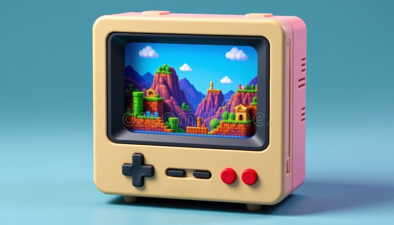 Classic Game Console with Colorful Landscape on Screen, Evoking ...