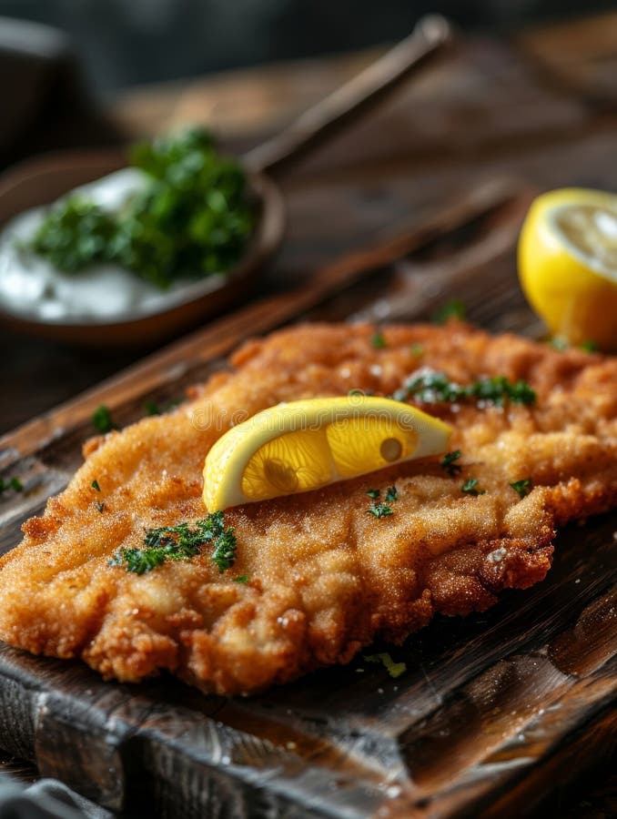 Classic German Schnitzel, Breaded and Fried, Served on a Wooden Cutting ...
