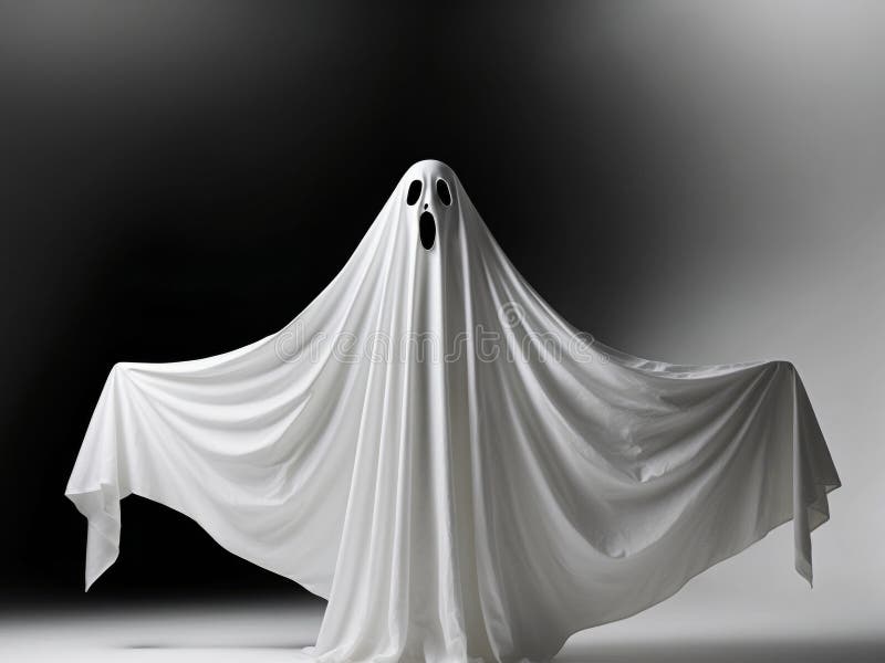 Classic Ghost Figure in White Sheet on Black Background. Stock Image ...
