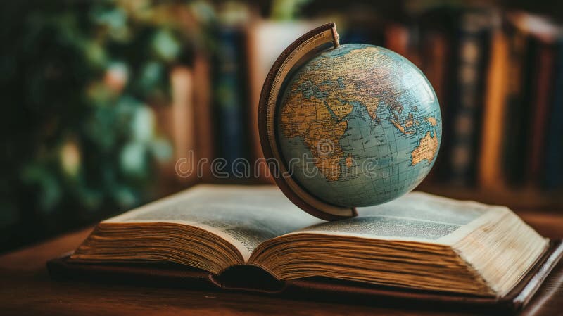 Vintage Globe Resting on an Open Book in a Cozy Library Stock ...