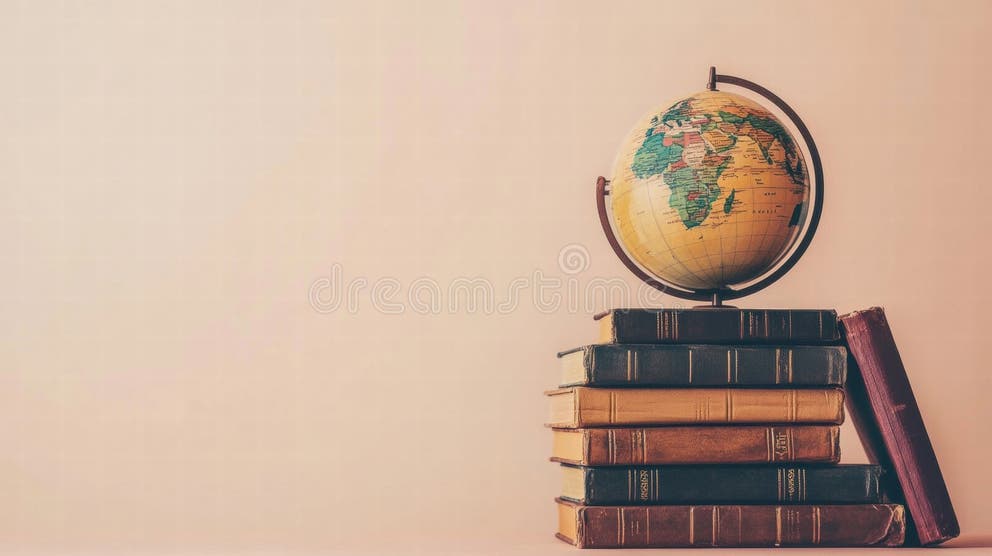 Classic Globe Rests Atop Stacked Travel Guidebooks in an Inviting ...