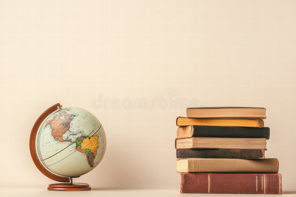 Classic Globe and Stacked Travel Guidebooks Inspire Wanderlust for ...