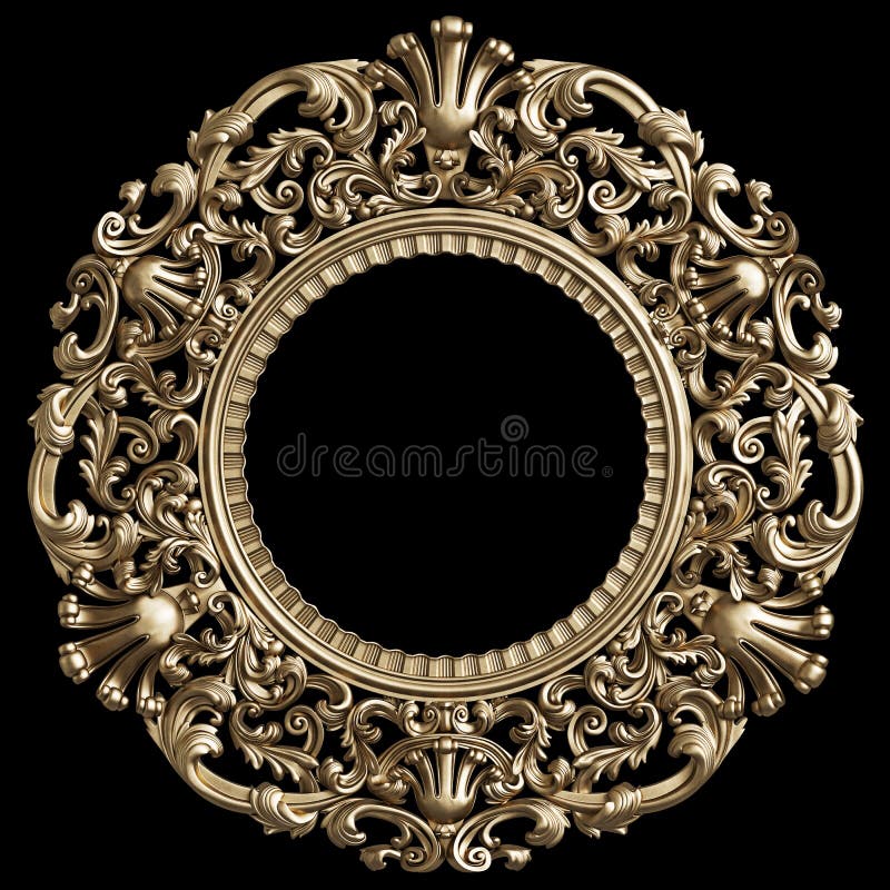 Classic Golden Round Frame with Ornament Decor Isolated on Black ...