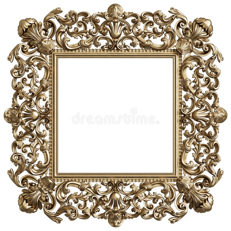 Classic Golden Square Frame with Ornament Decor Isolated on White ...