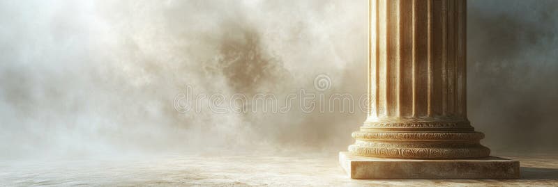 Classic Greek Style Column Rising from a Stone Base in a Smoky Room ...