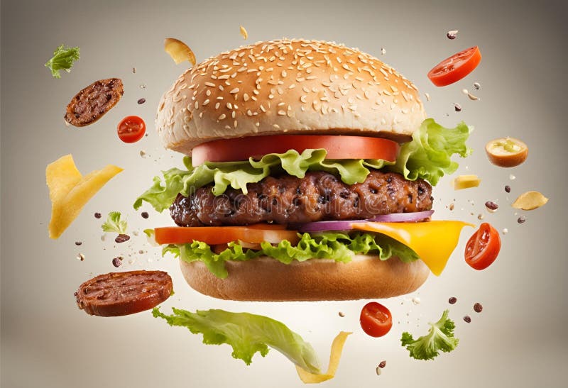 Classic Hamburger with Flying Ingredients Stock Illustration ...
