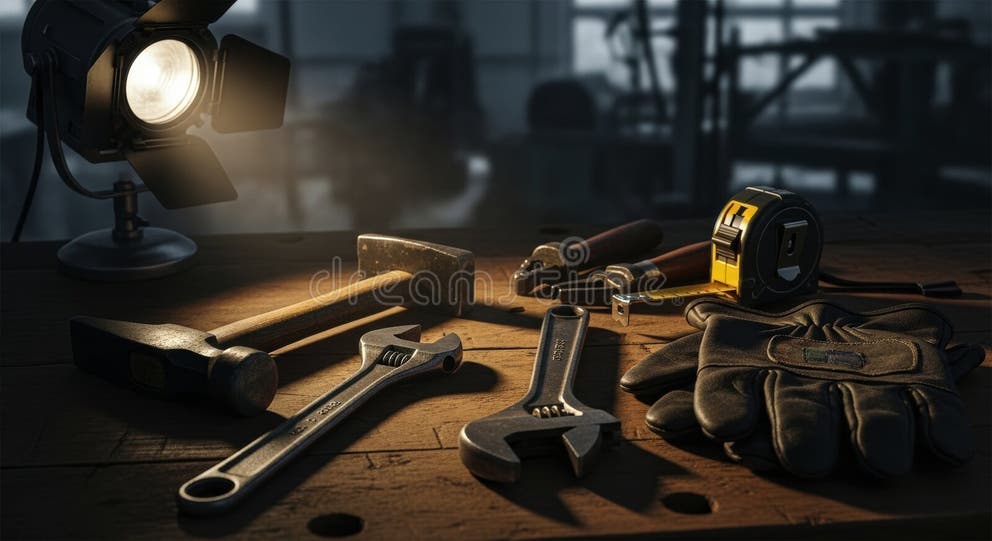 Classic Hand Tools on a Wooden Workbench Under a Bright Spotlight in a ...