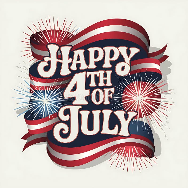 Classic Happy 4th of July Emblem with Fireworks and Flowing Ribbons ...