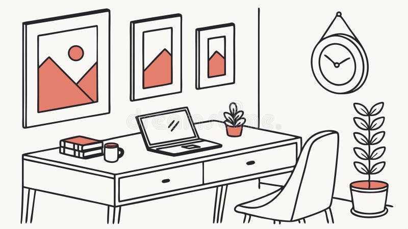 Classic Home Office with Desktop, Frames, Plant, Timeless Work Setting ...