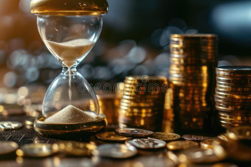 A Classic Hourglass Sits Atop a Stack of Shiny Coins, Symbolizing the ... A Classic Hourglass Sits Atop a Stack of Shiny Coins, Symbolizing the ...