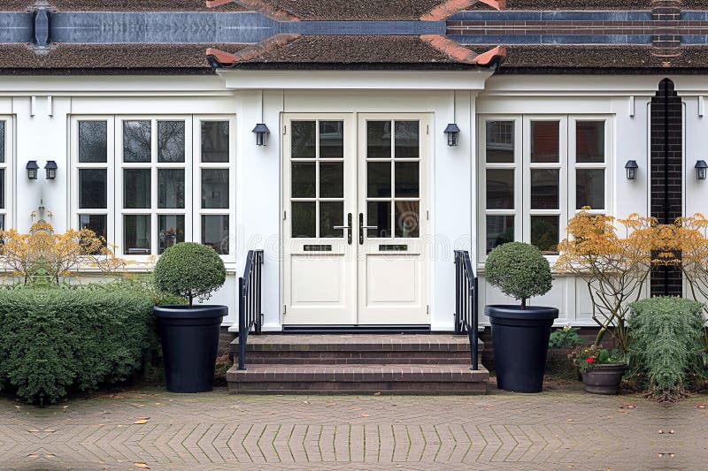 Classic House Entrance with Cream Double Doors and Topiary Planters ...