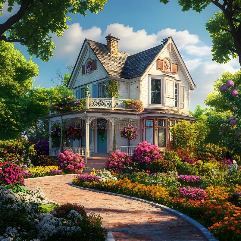 Classic House with Flower Garden Stock Illustration - Illustration of ...