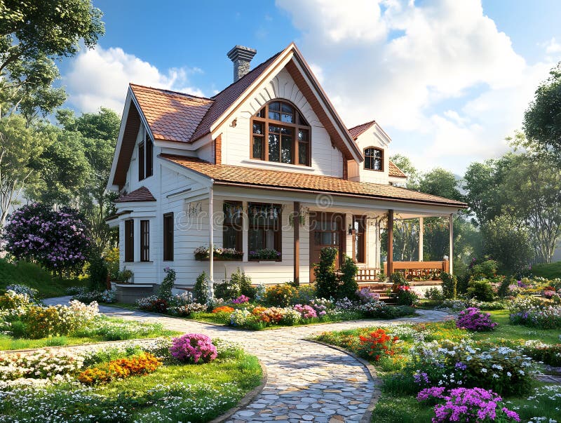 Classic House with Flower Garden Stock Illustration - Illustration of ...