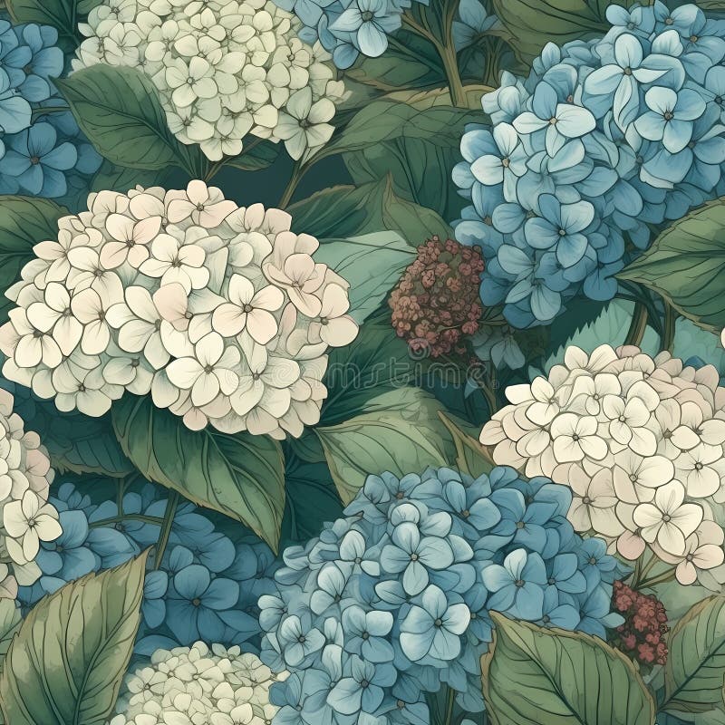 Chinoiserie Hydrangea Garden with Bird Painting Seamless Pattern Stock ...