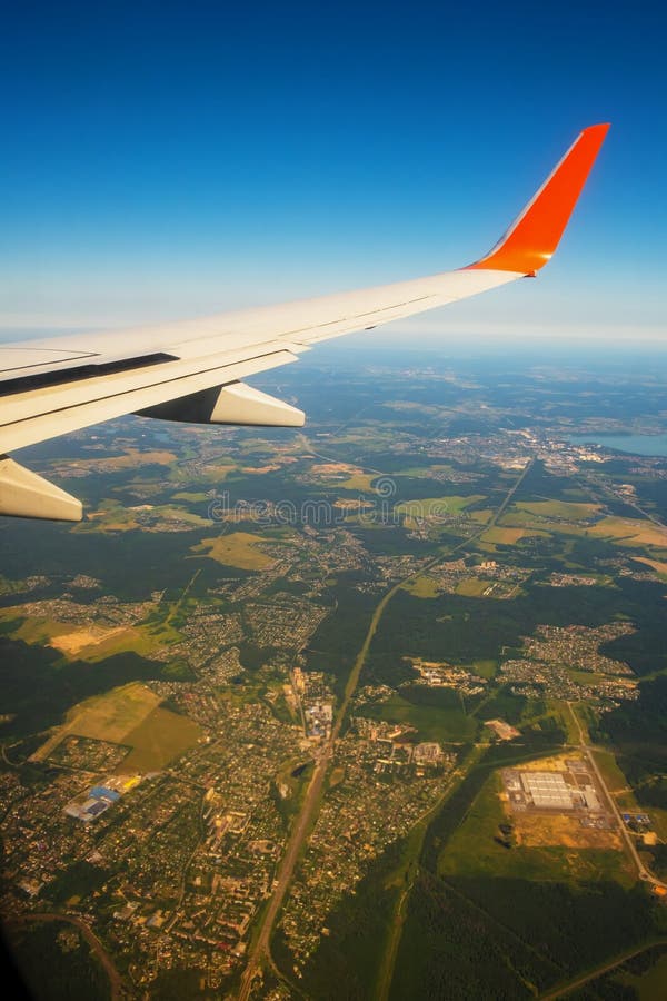 Classic Image through Aircraft Window Onto Wing. Flight View Over ...
