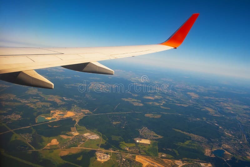 Classic Image through Aircraft Window Onto Wing. Flight View Over ...