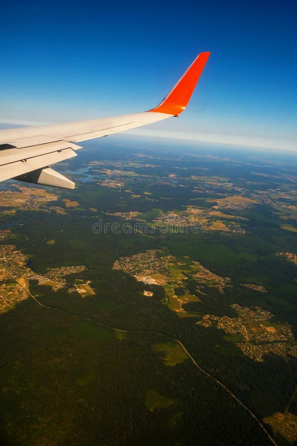 Classic Image through Aircraft Window Onto Wing. Flight View Over ...