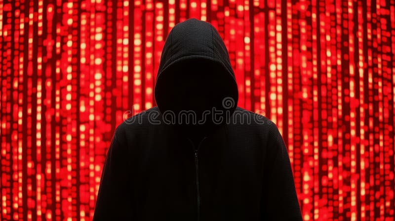 The Classic Image of a Computer Hacker. Red Background Stock Photo ...