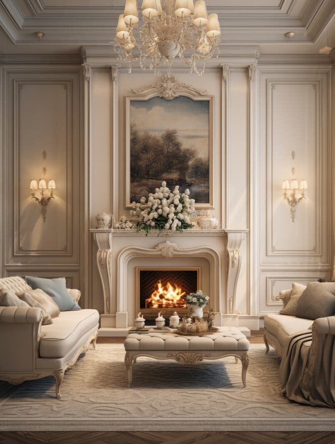 Classic Interior Design of Living Room with Fireplace Stock Illustration - Illustration of home ...