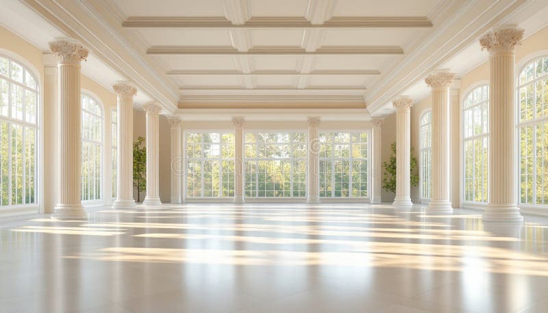 Classic Interior Empty Hall with Big Windows Showing Outside View Stock ...