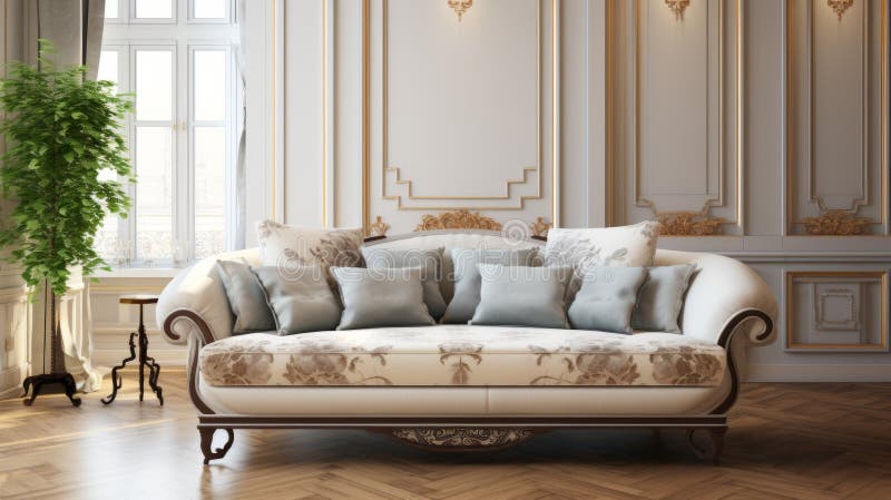 Elegant Living Room with Classical Couch and Ottoman Stock Illustration ...