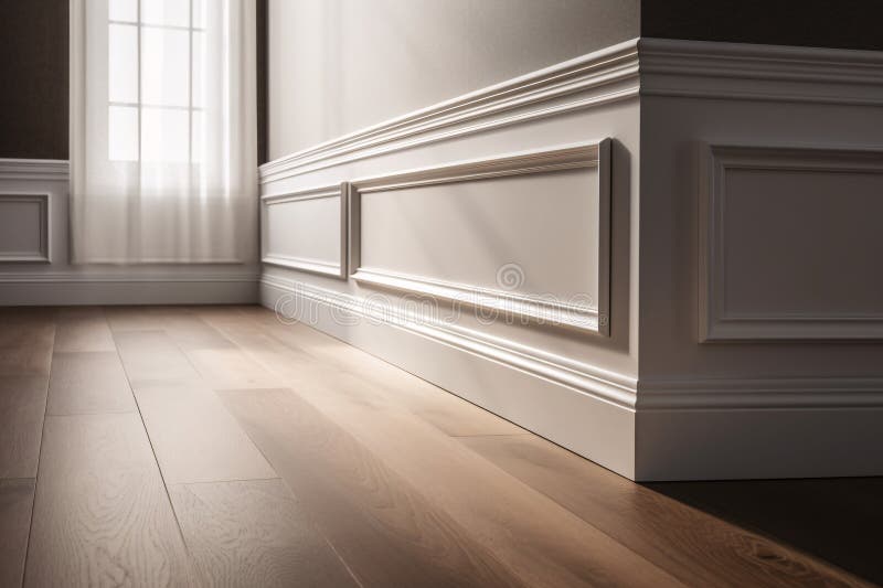 Classic Interior with Parquet Floor and White Walls. Baseboard and ...