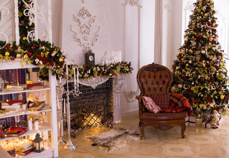 Classic Interior Room Decorated in Christmas Style with Christmas Tree ...