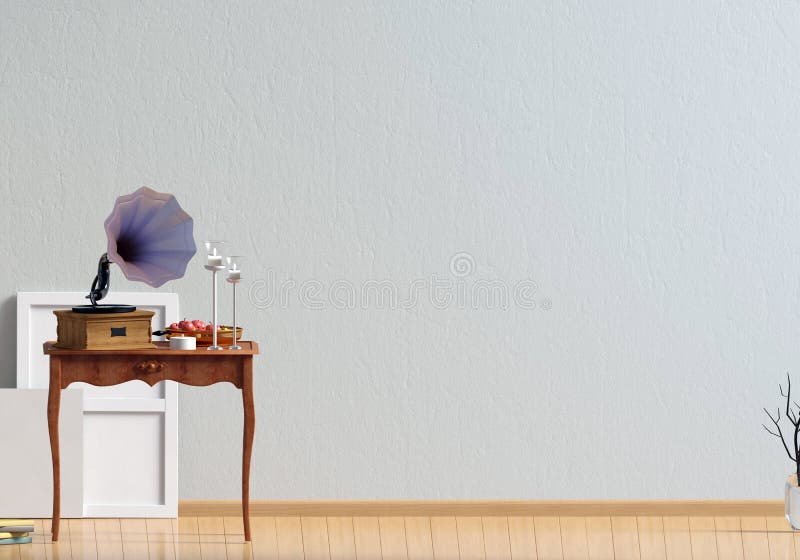 Classic Interior with Table and Gramophone. Wall Mock Up Stock ...