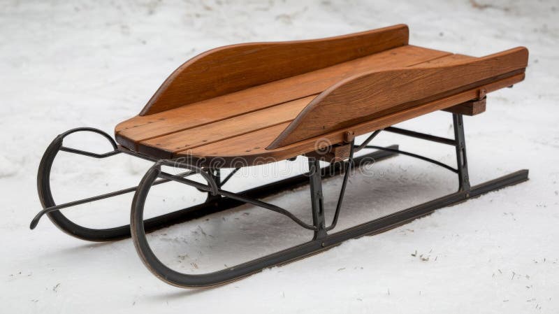 Classic Kids Sled with Metal Runners, Resting on a White Surface Stock ...