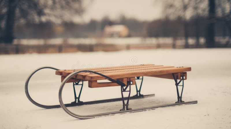 Classic Kids Sled with Metal Runners, Resting on a White Surface Stock ...