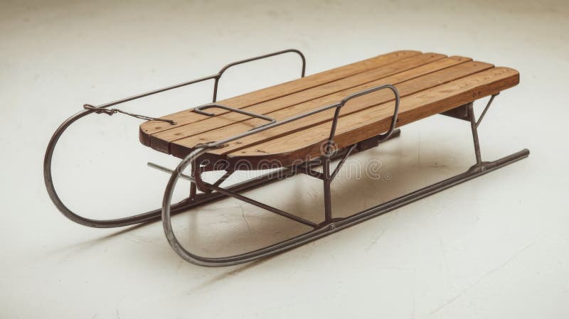 Classic Kids Sled with Metal Runners, Resting on a White Surface Stock ...