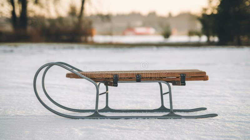 Classic Kids Sled with Metal Runners, Resting on a White Surface Stock ...
