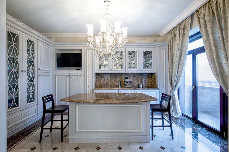Classic Kitchen Interior with Panoramic Window and Islands Stock Photo ...