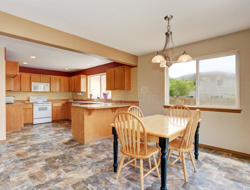 Classic Kitchen Room Interior with Tile Floor and Dining Area Stock ...