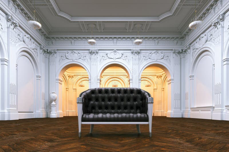 Classic Leather Sofa in Big Luxurious Mansion. Perspective View Stock ...