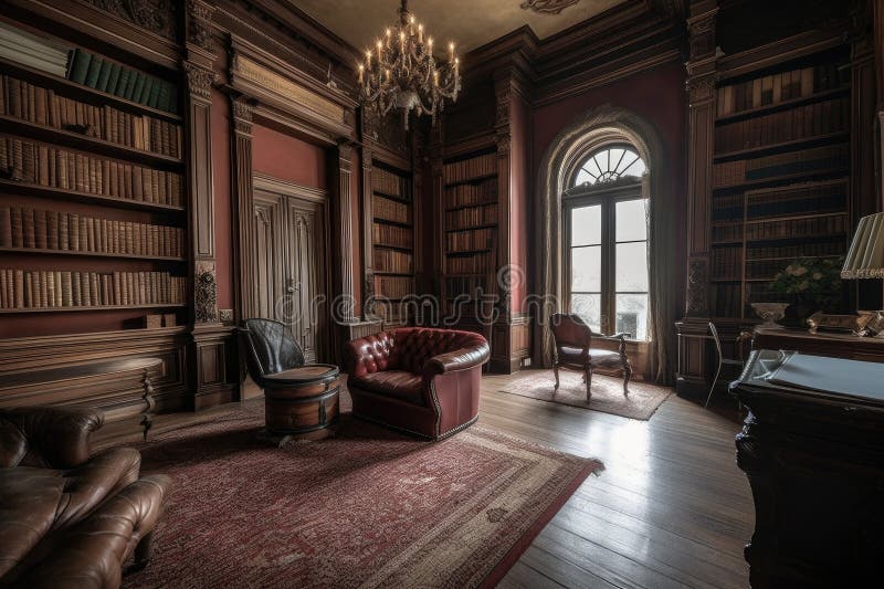 Classic Library, with Bookshelves and Reading Nooks, in Stately Mansion ...