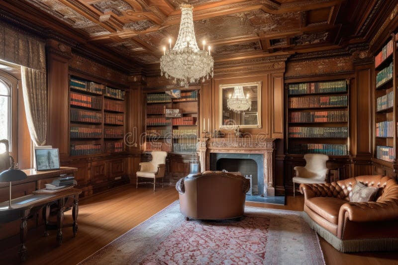 Classic Library, with Bookshelves and Reading Nooks, in Stately Mansion ...