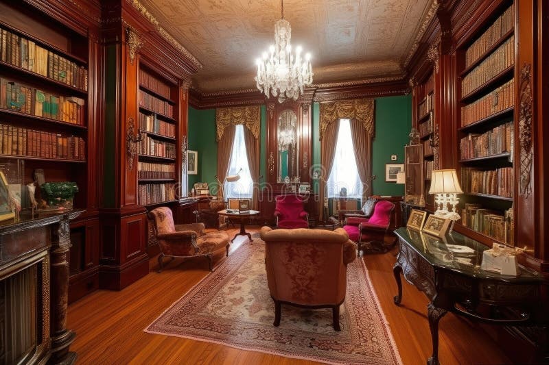 Classic Library, with Bookshelves and Reading Nooks, in Stately Mansion ...